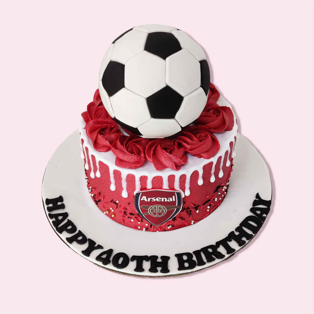 Football Theme Birthday Cake – Arsenal Red Drip Cake with Fondant Ball ...